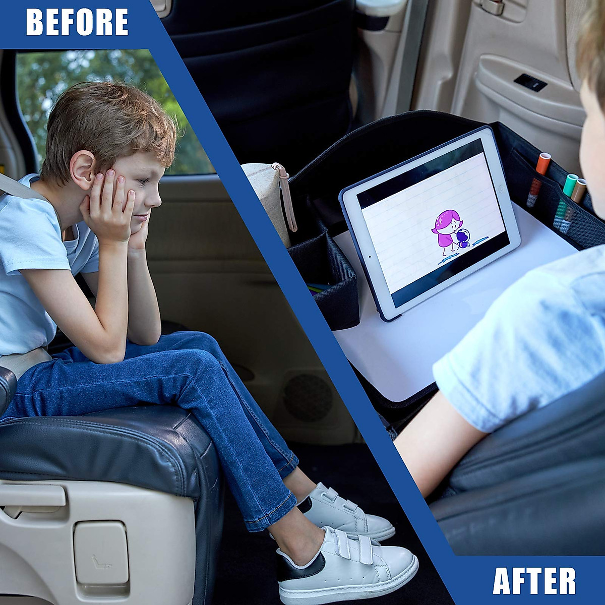 Kids Travel Tray Toddler Car Seat Lap Tray Travel Table Tray Child Car Lap Tray Kids with Dry Erase Board Waterproof Car Seat