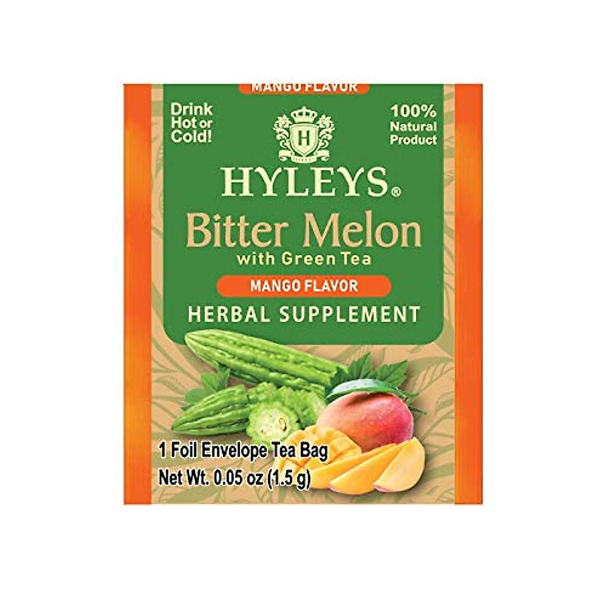 Hyleys Bitter Melon with Green Tea - Mango Flavor - 25 Tea Bags - Supports Healthy Liver Function - Herbal Supplement