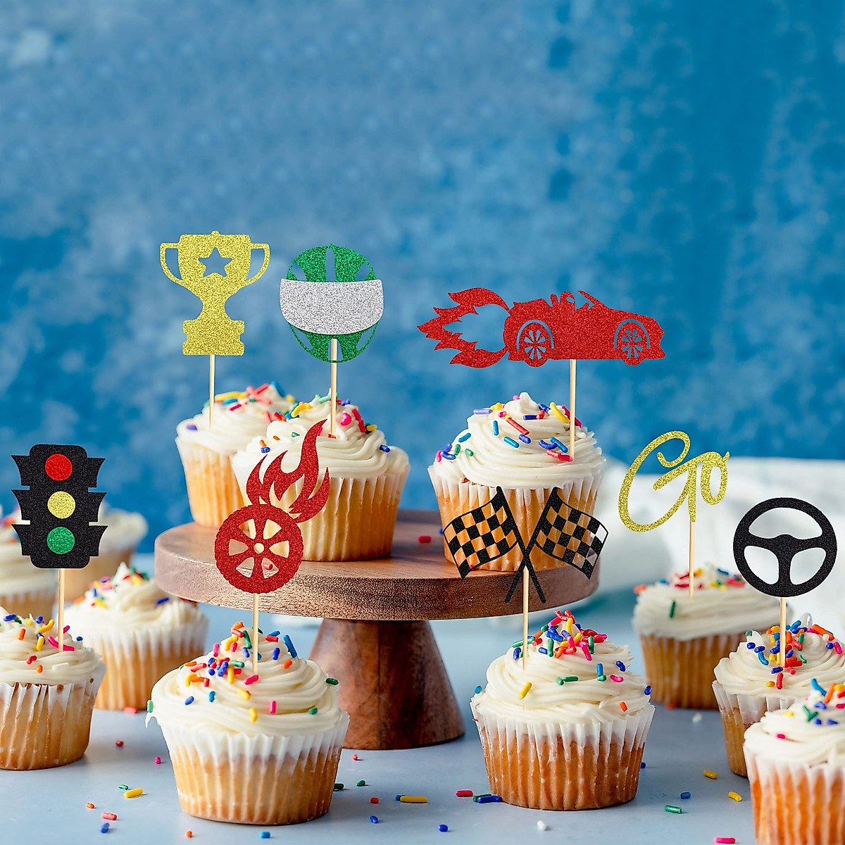 Arthsdite 24 PCS Race Car Cupcake Toppers Traffic Light Steering Wheel Trophy Flag Helmet Racing Car Cupcake Picks for Let's Go Racing Sports Theme Baby Shower Boys Birthday Party Cake Decorations
