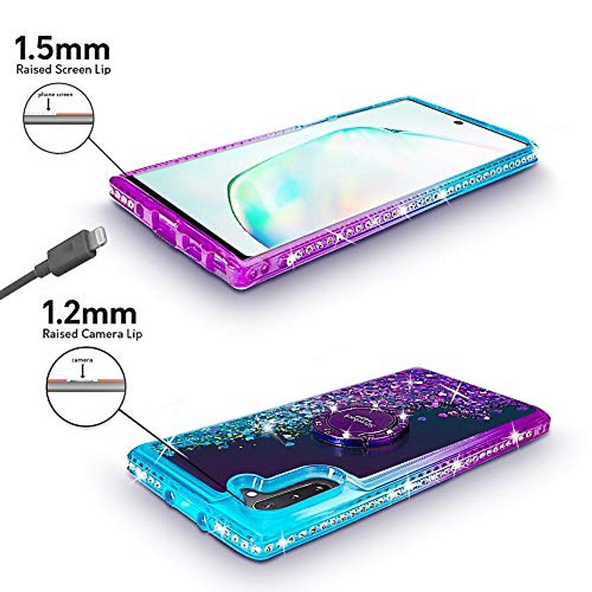 Silverback Galaxy Note 10 Case, Moving Liquid Holographic Sparkle Glitter Case with Kickstand, Bling Diamond Rhinestone Bumper W/Ring Slim Samsung Galaxy Note 10 Case for Girls Women -Purple