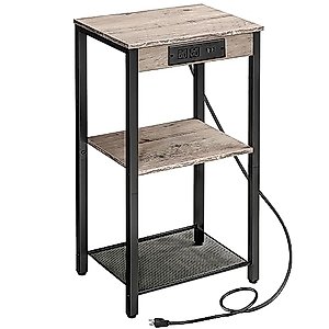 HOOBRO Tall End Table with Charging Station and USB Ports, 3-Tier Telephone Table, Small Entryway Table, Narrow Nightstand for Small Space in Living Room, Bedroom, Hallway, Rustic Brown BG09UDH01
