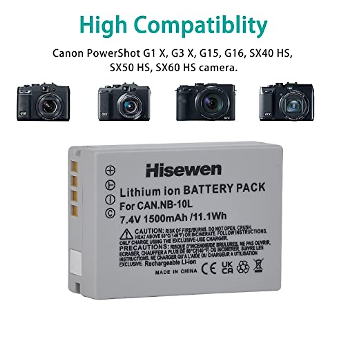 NB-10L NB10L Battery and Dual Charger, Hisewen 2 X 1500mAh Replacement Battery for Canon PowerShot G1 X, G3 X, G15, G16, SX40 HS, SX50 HS, SX60 HS Digital Camera