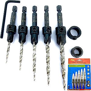 FTG USA Wood Countersink Drill Bit Set 5 Pc Countersink Drill Bit #4#6#8#10#12 Countersink Bit for Woodworking