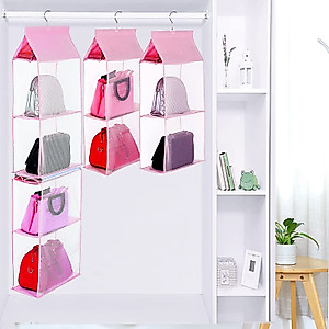 KEEPJOY Closet Purse Organizer, Hanging Handbag Organizer with 4 Heavy-Duty Mesh Shelves Closet Purse Storage Bag (Pink)