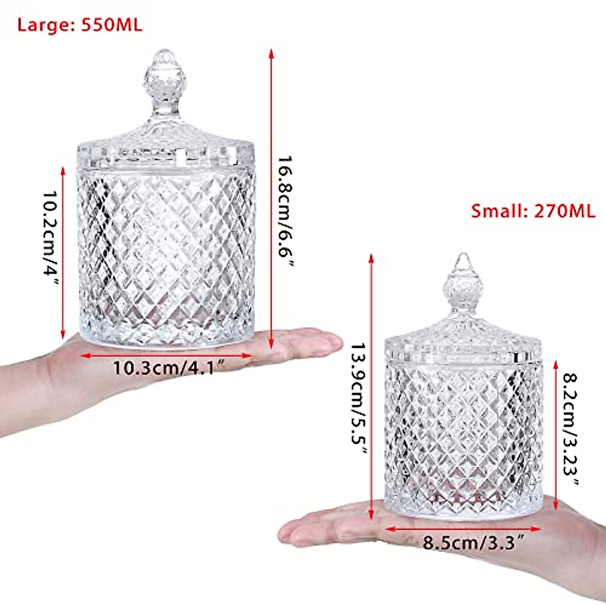 BTSKY Set of 2 Crystal Decorative Jars Glass Qtip Holder with Lids Clear Cotton Swab Holder Apothecary Jar for Bathroom Canisters Classy Candy Dish Decor Jewelry Box for Office Vanity, Large+Small