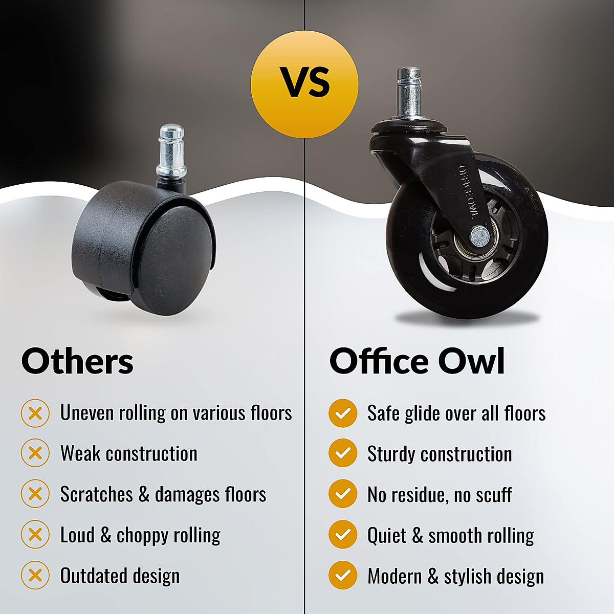 Office Owl Office Chair Wheels - Set of 5 Caster Wheels for Work, Desk and Gaming Chair - Replacement Wheel Set for Hardwood and Carpet Floors - Multifunctional Rollerblade Casters - Black