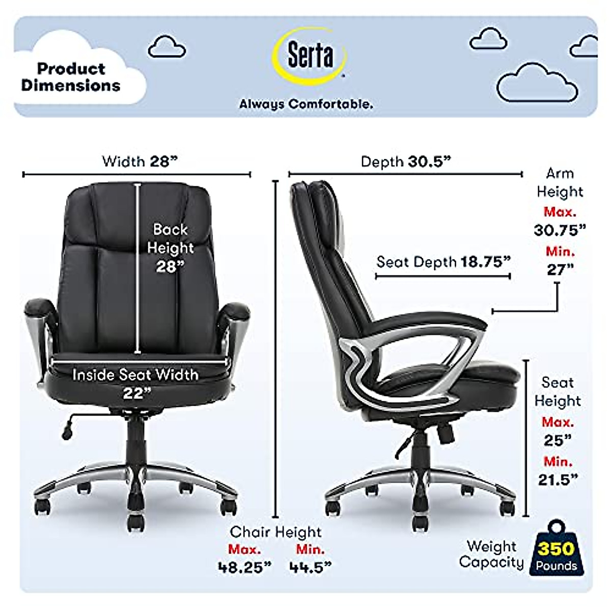 Serta AIR Health and Wellness Executive Office Chair High Back Ergonomic for Lumbar Support Task Swivel & Big & Tall Executive Office Chair High Back All Day Comfort Ergonomic Lumbar Support