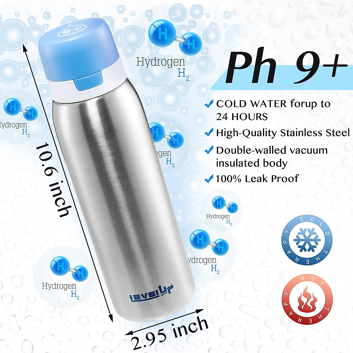 Level Up Way –25 Ounce Premium Stainless Steel Water Bottle with Filter – BPA Free - Travel Essentials - Alkaline Water Filter pH 9+ (Blue)
