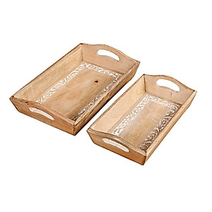 Carved Wooden Office Tray Decor, Rustic Handmade Classic Wooden Office Desk Tray for Papers and Stationary, Serving Tray for Coffee and Snacks - White Wash - Set of 14 and 10 Inches