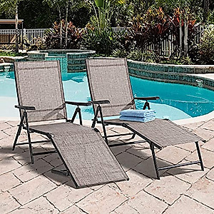 QAQA Patio Double Chaise Lounge Chairs Set of 2, Outdoor Adjustable Steel Textiline Folding Reclining Lounge Chair Outdoor Lay Out Chairs for Lawn Garden Pool Beach Yard Gray