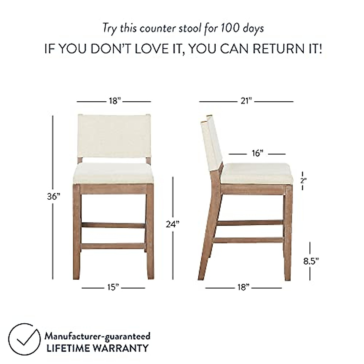 Linus Modern Upholstered Counter Height Bar Stool with Back and Solid Rubberwood Legs in a Wire-Brushed Grey Finish, Natural Flax/Brown