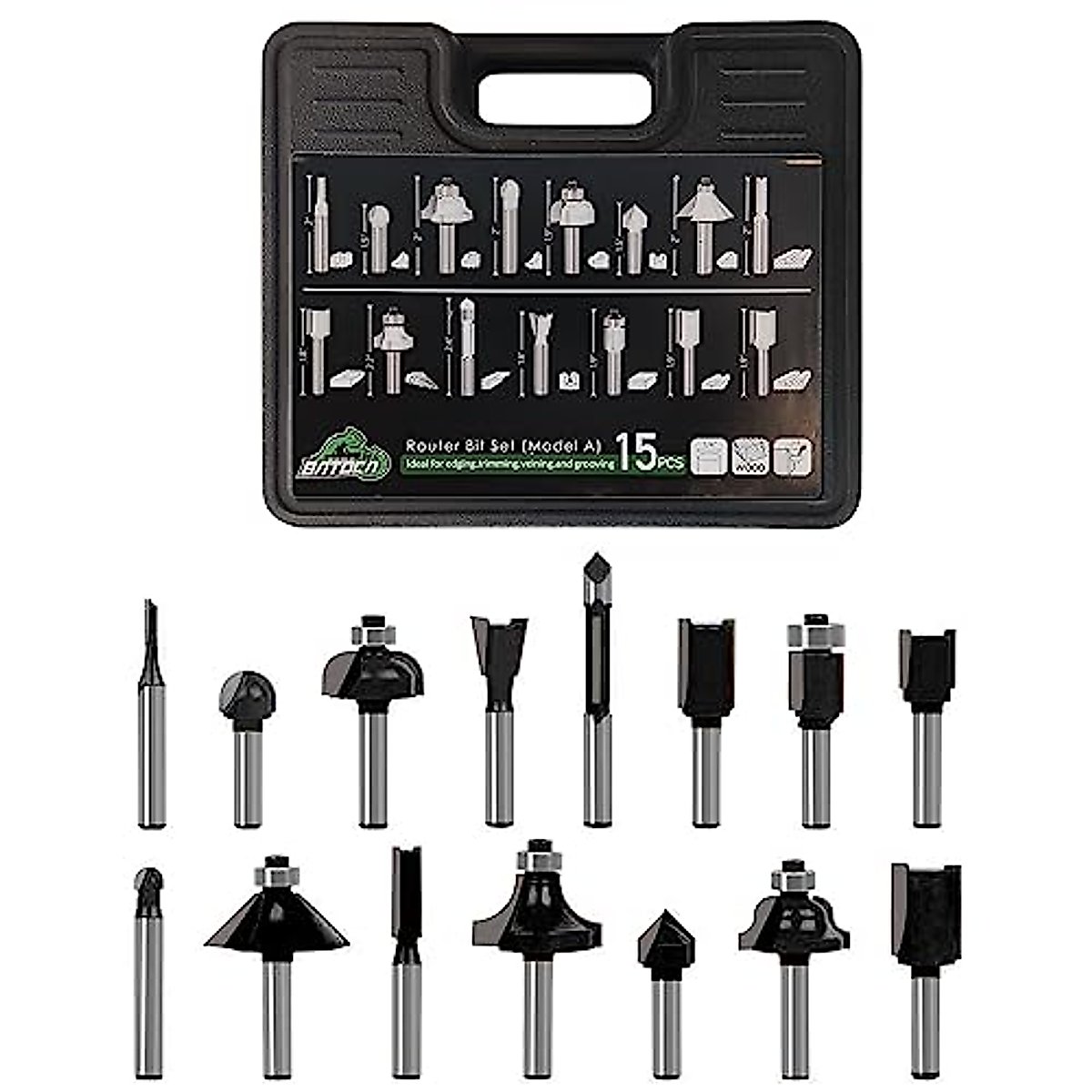 BATOCA 1/4“ Shank Router Bits Set of 15 Pcs, Tungsten Carbide Router Bits Set for Woodworking Project, Solid Woods, Hard Woods, Chipboard, MDF, DIY, and Carpenter