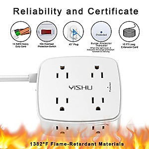 10 Ft Surge Protector Power Strip - YISHU 3 Side Outlet Extender with 8 Widely AC Outlets and 4 USB Ports, 10 Feet Extension Cord with Flat Plug, Wall Mount Desk USB Charging Station, ETL ,White
