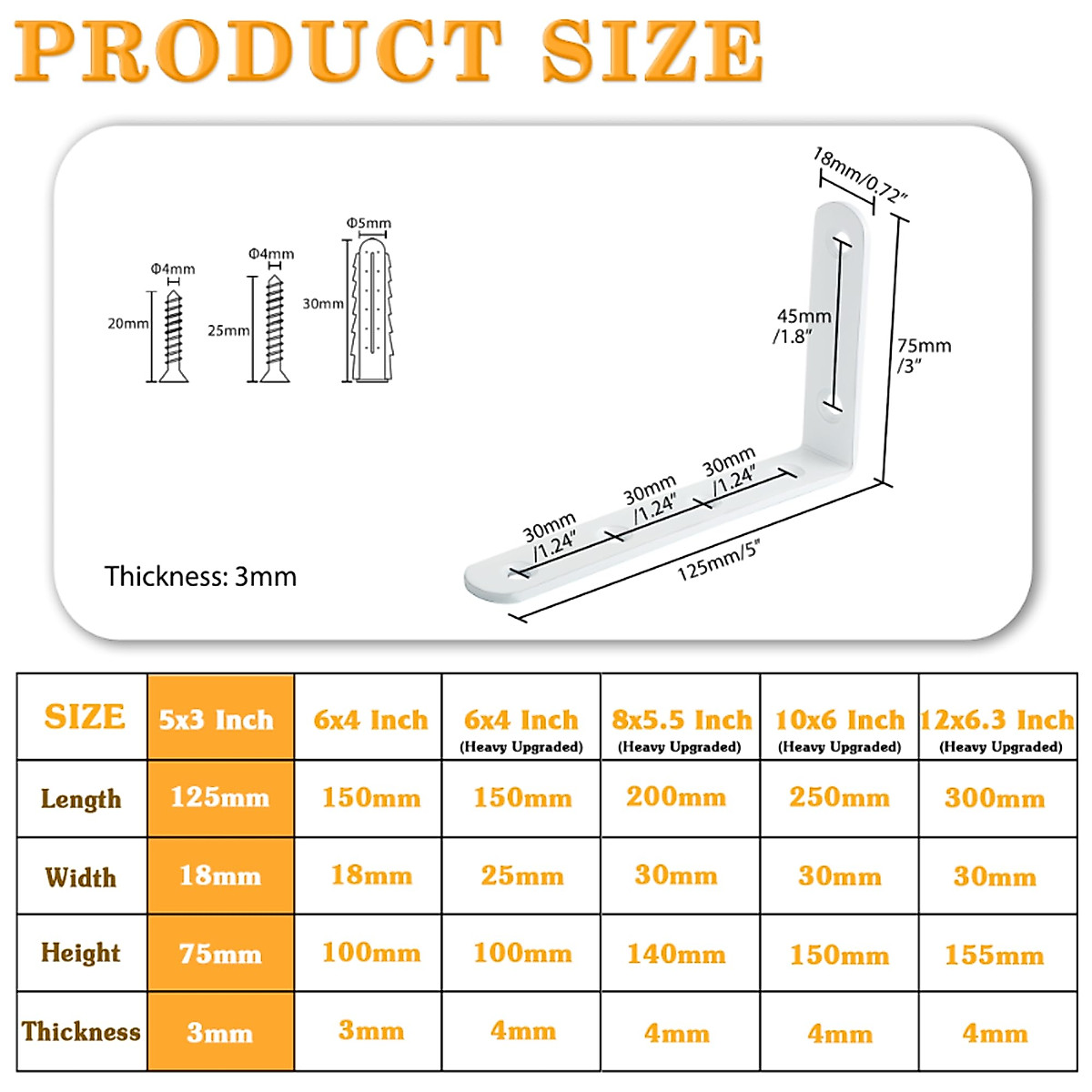Alise Floating Shelf Brackets,White Bracket for Shelves Heavy Duty L Wall Bracket Corner Brace,Stainless Steel Joint Angle Bracket for Wooden Board Hanging Support,5x3 Inch(Pack of 4)
