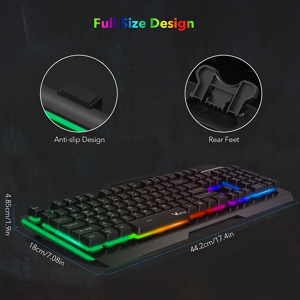 WisFox Wired Keyboard, Computer Keyboard with Rainbow LED Backlit, All-Metal Panel Gaming Keyboard with Phone Holder, Full Size Quiet Warterproof Office USB Keyboard for Desktop, Computer, PC