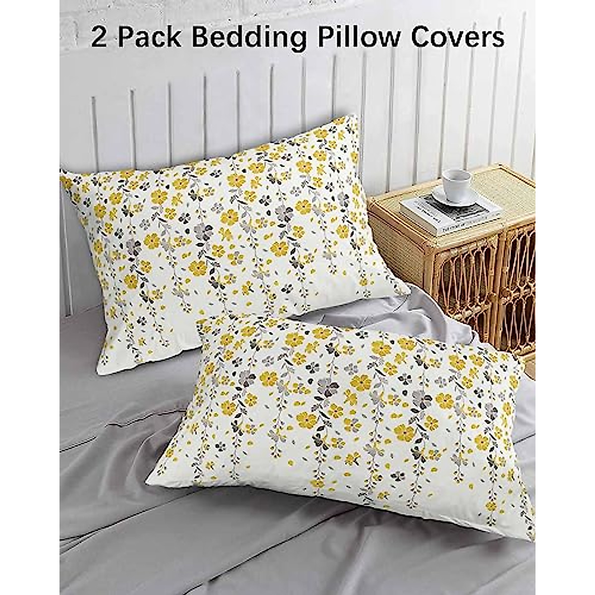 Weeping Flowers Pillow Covers King Standard Set of 2 20x36 Bed Pillow, Yellow Grey Summer Spring Floral Botanical Art Plush Soft Comfort for Hair/ Skin Cooling Pillowcases with Envelop Closure
