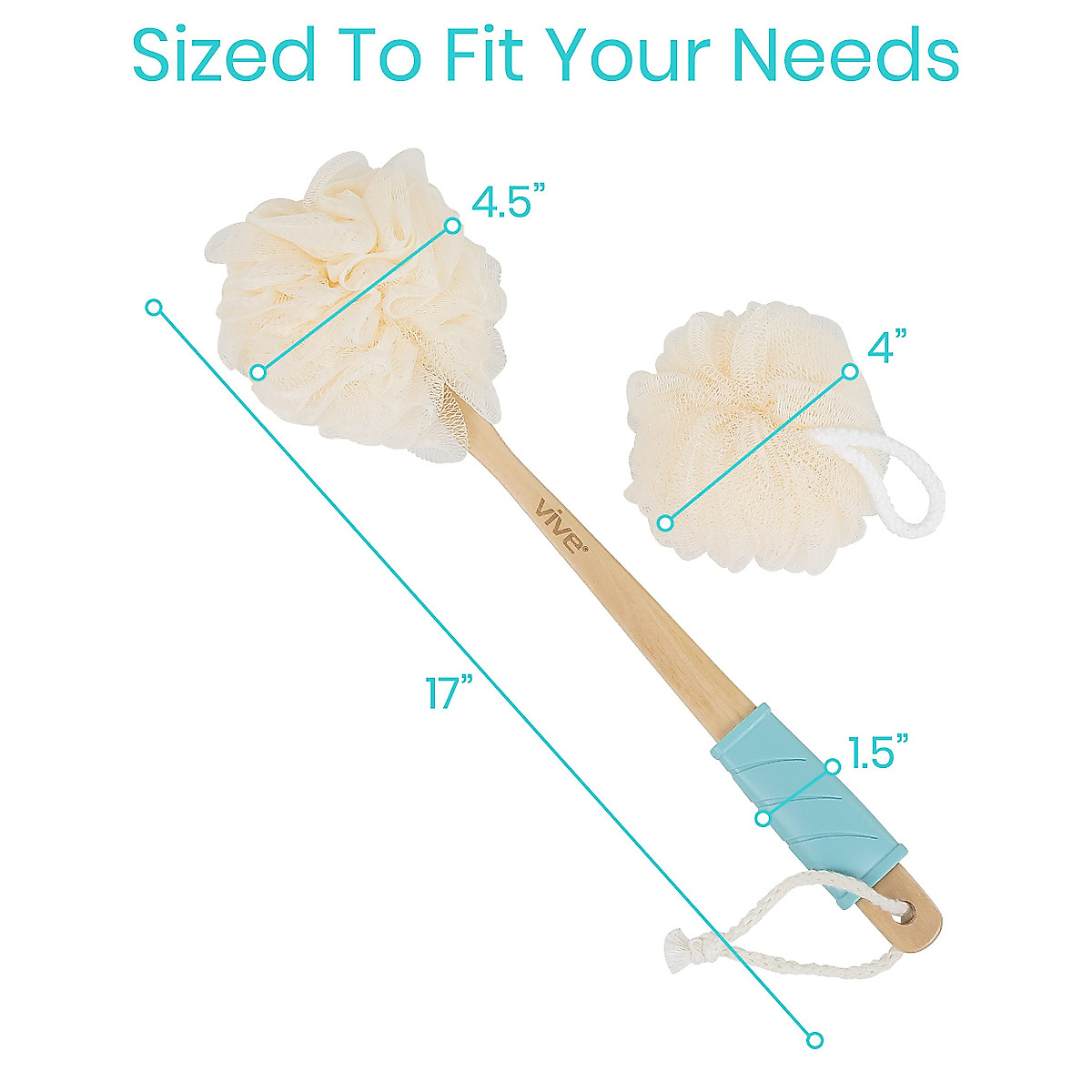 Vive 17” Shower Loofah with Long Handle - Exfoliating Back & Body Scrubber for Men & Women - Luffa Sponge on a Stick for Bathing, Cleaning - Includes Extra Handheld Lufa, Hook & String to Hang on Wall