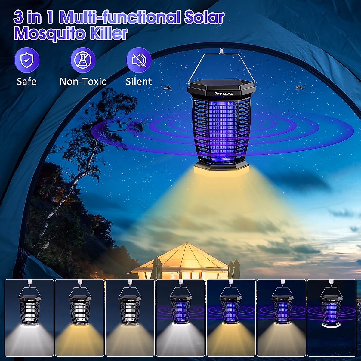 PALONE Solar Bug Zapper Outdoor, 3 in 1 Mosquito Zapper with 3.5m Extended Solar Panel, 4500V Electric Bug Zapper Indoor, Fly Zapper with 7 Lighting Modes for Outdoor Courtyard Backyard Garden