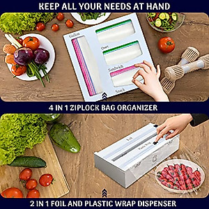 Ziplock Bag Organizer Bamboo, 6 in 1 Foil and Plastic Wrap With Cutter for Kitchen Drawer Compatible with Gallon, Quart, Sandwich and Snack Size Bags & 12" Rolls