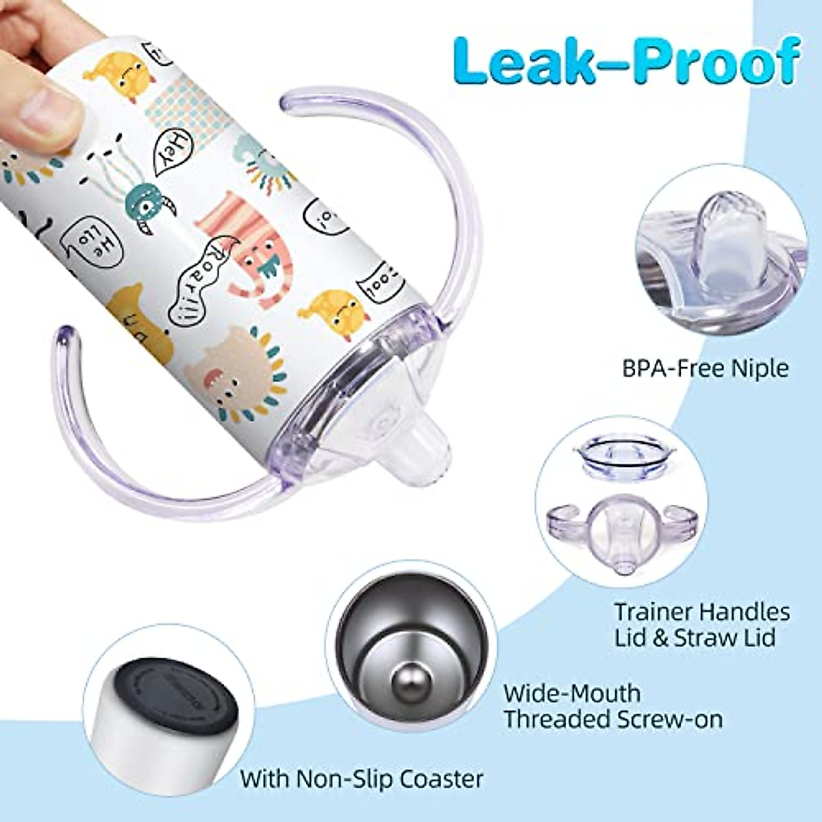 Mocaru Sublimation Sippy Cups with Handle and Lid, 12oz Sublimation Blanks Skinny Kids Tumbler with Shrink Films, Spill-Proof Stainless Steel Insulated Toddler Water Bottle Baby Straw Cups(2 Pack)