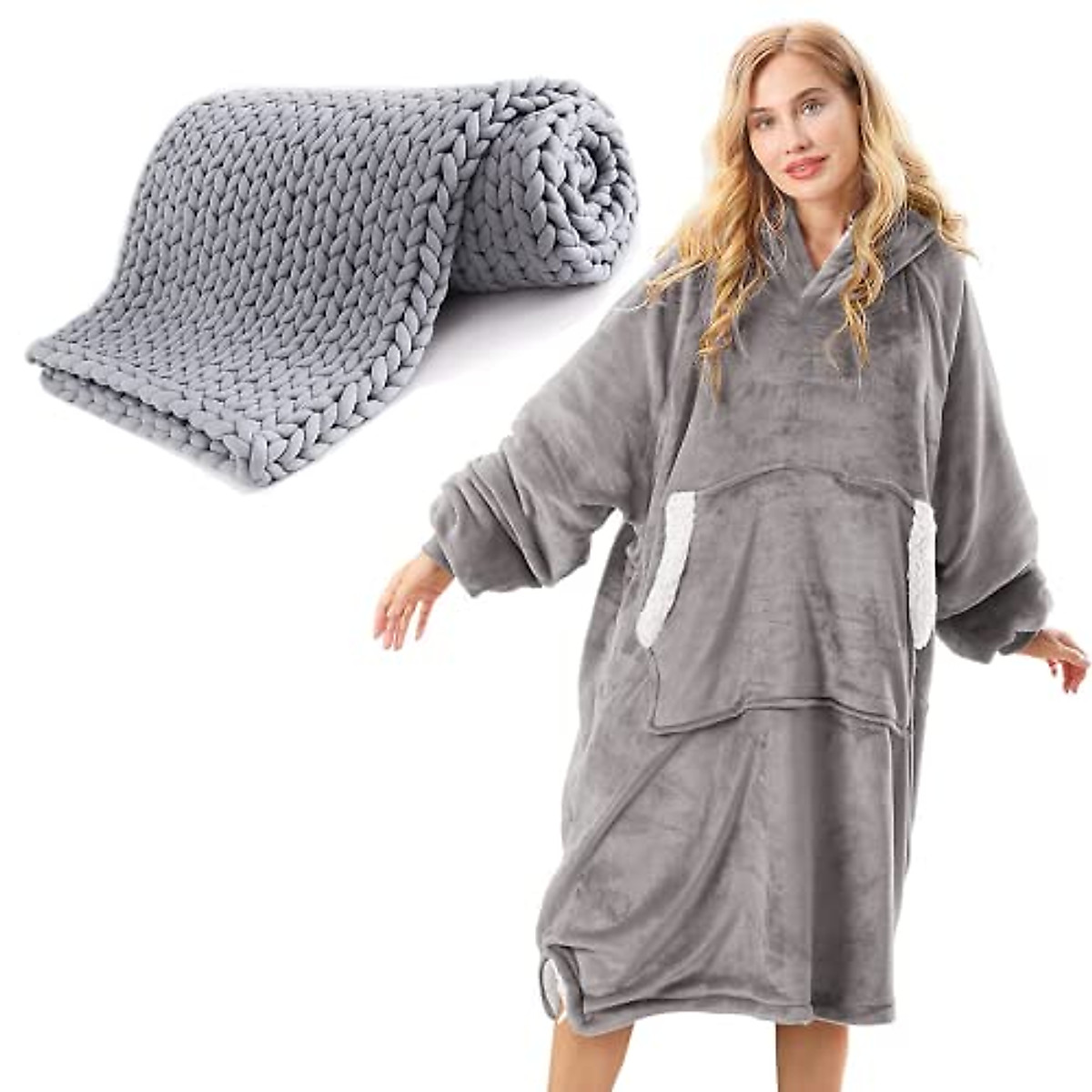 Uttermara Knit Weighted Blanket 15 Pounds 48x72 Inches, Weighted Blankets Knitted, Grey + Blanket Hoodie Women and Men with Giant Front Pocket Elastic Sleeve, Gray