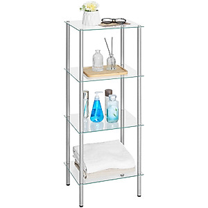 HOOBRO Glass Shelf, 4 Tier Standing Shelf Unit, Durable Glass Shelving Stand for Small Space, Space-Saving, for Bathroom, Bedroom, Home Office, Tempered Glass, Steel Frame, Silver SV04CJ01