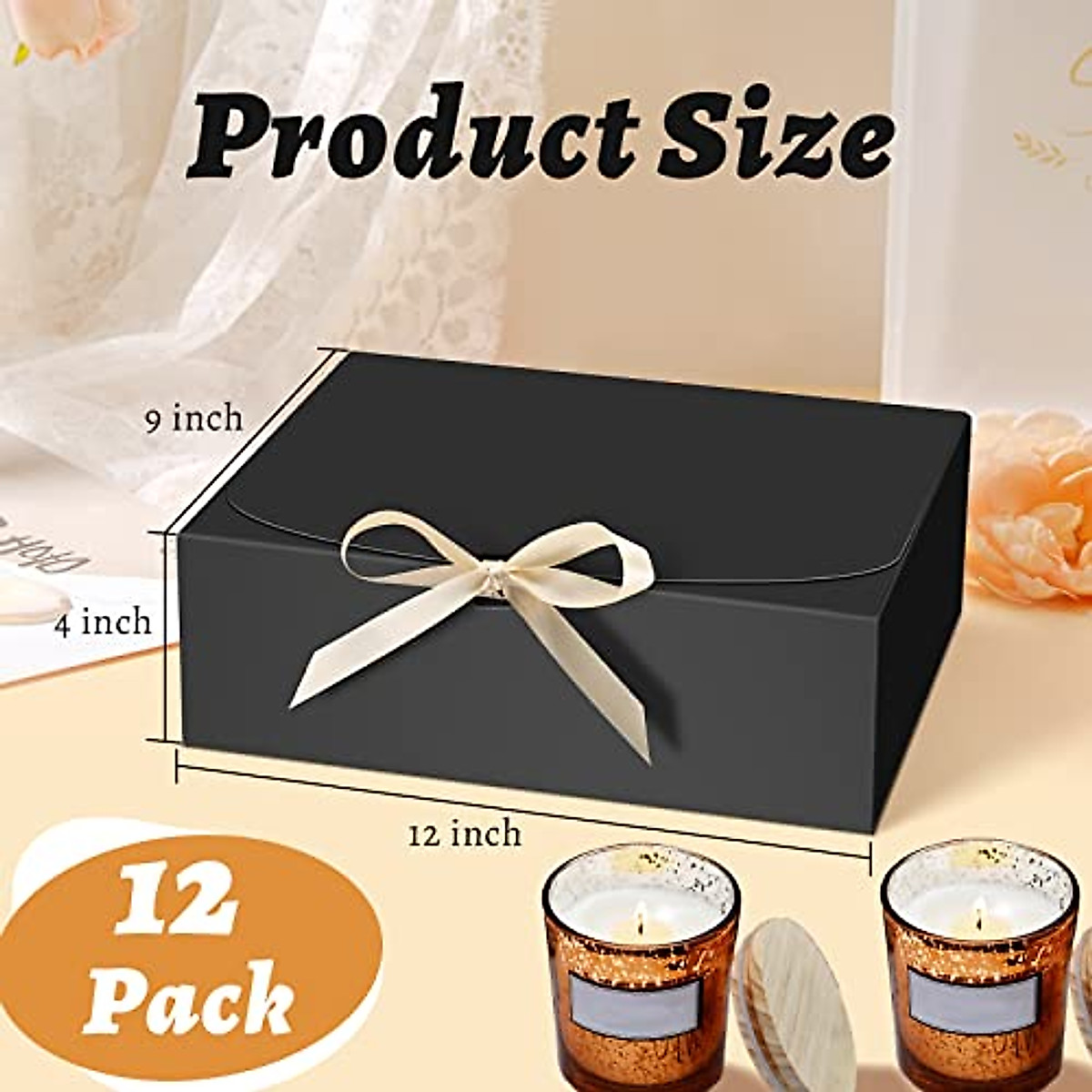ZSPENG 12PCs Gift Boxes with Lids,12x9x4 inches Black Gift Boxes with Ribbons, Bridesmaid Proposal Box,Kraft Paper Gift Box for Wedding, Packaging, Present, Birthday, Cupcake Boxes, Crafting.