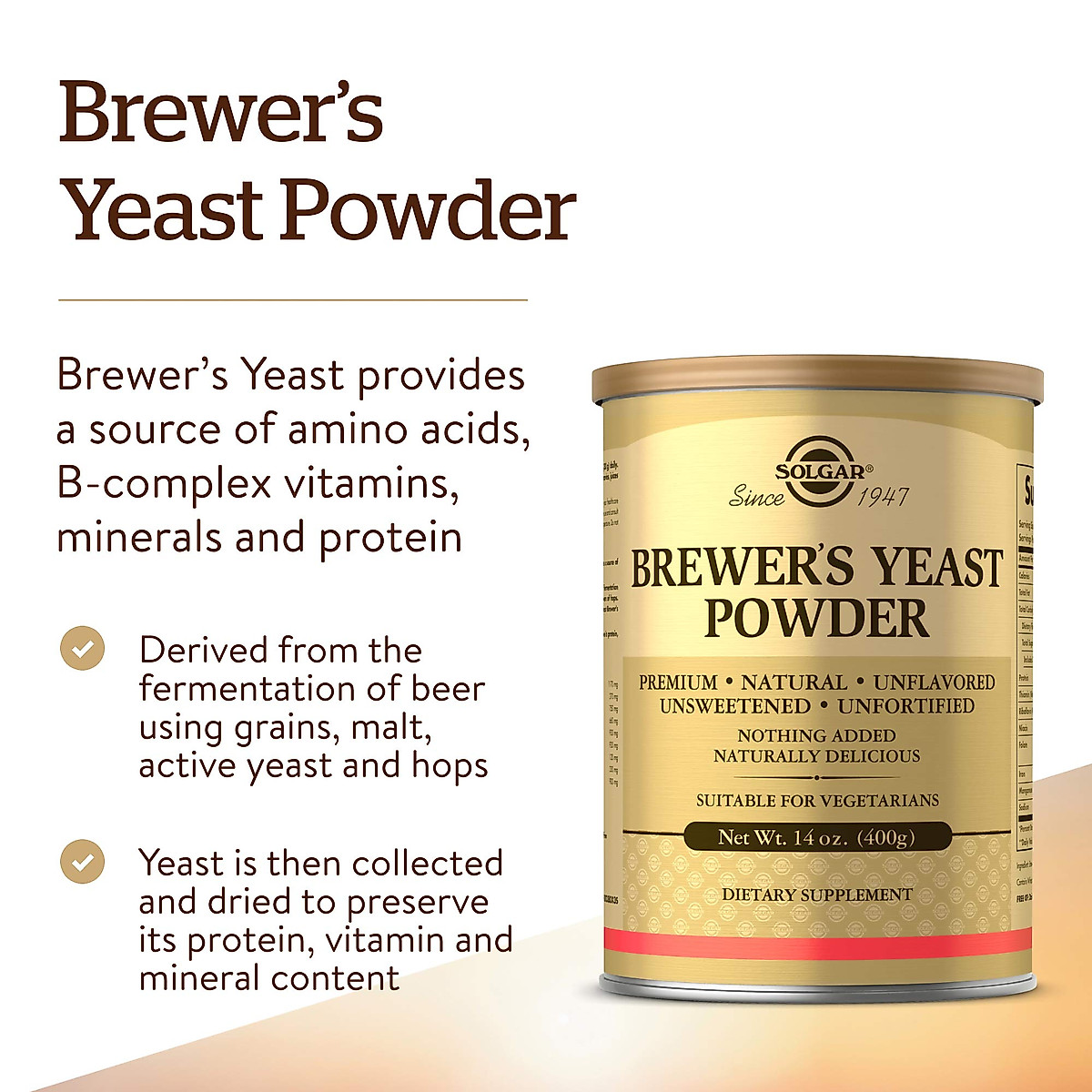 Solgar Brewer's Yeast Powder, 14 oz - Rich Source of Amino Acids, B-Complex Vitamins, Minerals, & Protein - Natural, Unflavored, Unsweetened - Dairy Free, Vegetarian - 13 Servings (Packaging may vary)