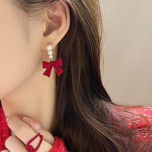 Christmas Bow Earrings for Women Pearl Drop Earrings for Bride Dainty Velvet Earring Red Earrings for Women Dangle Bridal Earrings for Wedding Christmas Birthday Gift