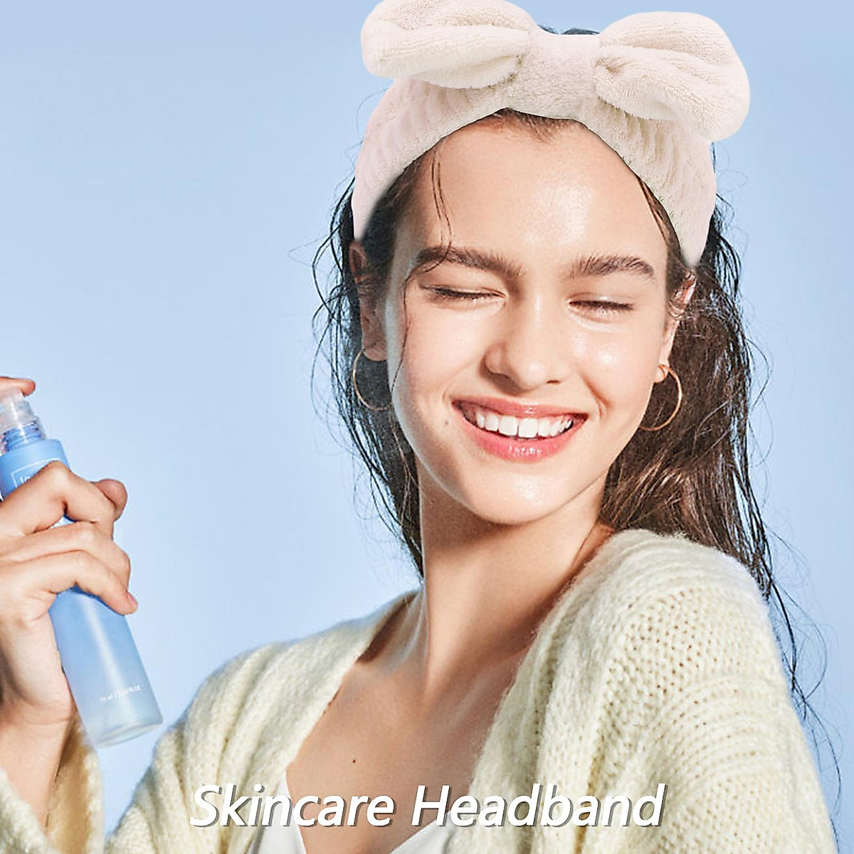 VELSCRUN 4 Pcs Spa Headband, Face Wash Headband, Khaki Bow Tie Bubble Microfiber Hairband for Women, Hair Accessories Gifts