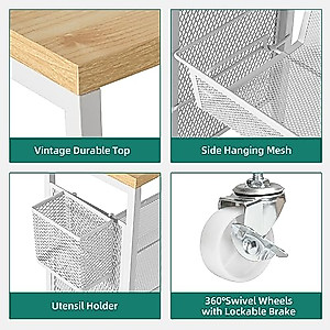 YITAHOME 4-Tier Slim Rolling Cart, Kitchen Cart with Wheels, Storage Cart with Wooden Tabletop and Mesh Baskets, Mobile Utility Cart for Narrow Space for Kitchen, Bathroom, Laundry Room,White