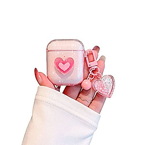 Ownest Compatible for AirPods Case, Cute 3D Heart Clear TPU Shockproof Cover Case Glitter with Bell Keychain for Women Girls for Airpods 2&1-Pink