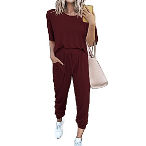 PRETTYGARDEN Women's Two Piece Outfit Short Sleeve Pullover with Drawstring Long Pants Tracksuit Jogger Set (Wine Red,XX-Large)
