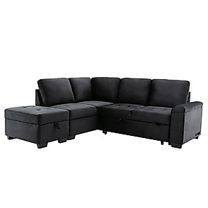 Merax Sleeper Sectional, L-Shape Corner Couch Sofa-Bed with Storage Ottoman, Black