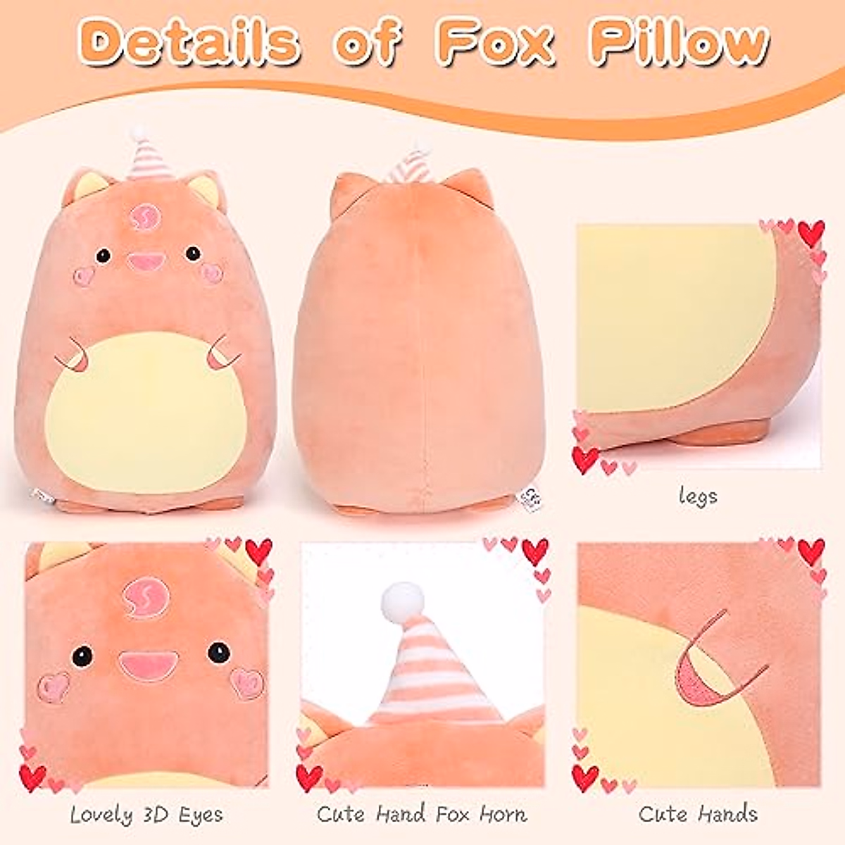 17.7'' Fox Plush Pillow for Girls, Cute Stuffed Animal Hugging Pillow, Soft Plush Toy, Cartoon Sleeping Pillow, Soft Plushie Doll Gifts