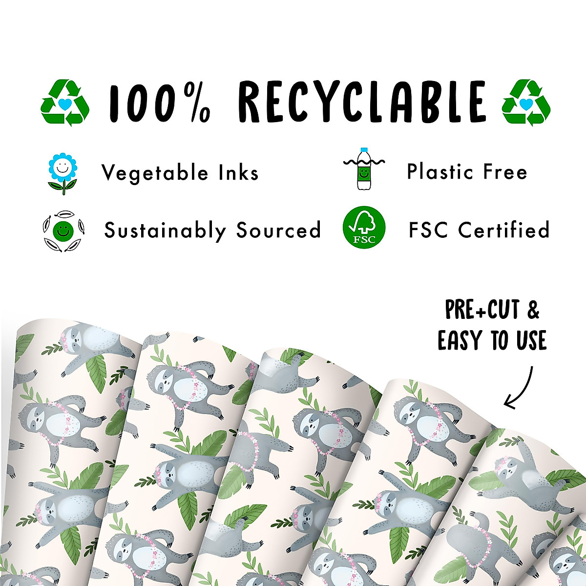 CENTRAL 23 - Sloth Wrapping Paper - 6 Gift Wrap Sheets - Fun GiftWrap for Men Boys Teenagers - Birthday - Made in the UK - Recyclable