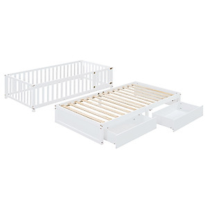 Twin Bed Frame with Rails and Storage Drawers, Can Be Divided into A Twin Size Floor Bed with Fence and A Daybed with 2 Drawers, Wood Montessori Beds for Kids Boys Girls Teens, White