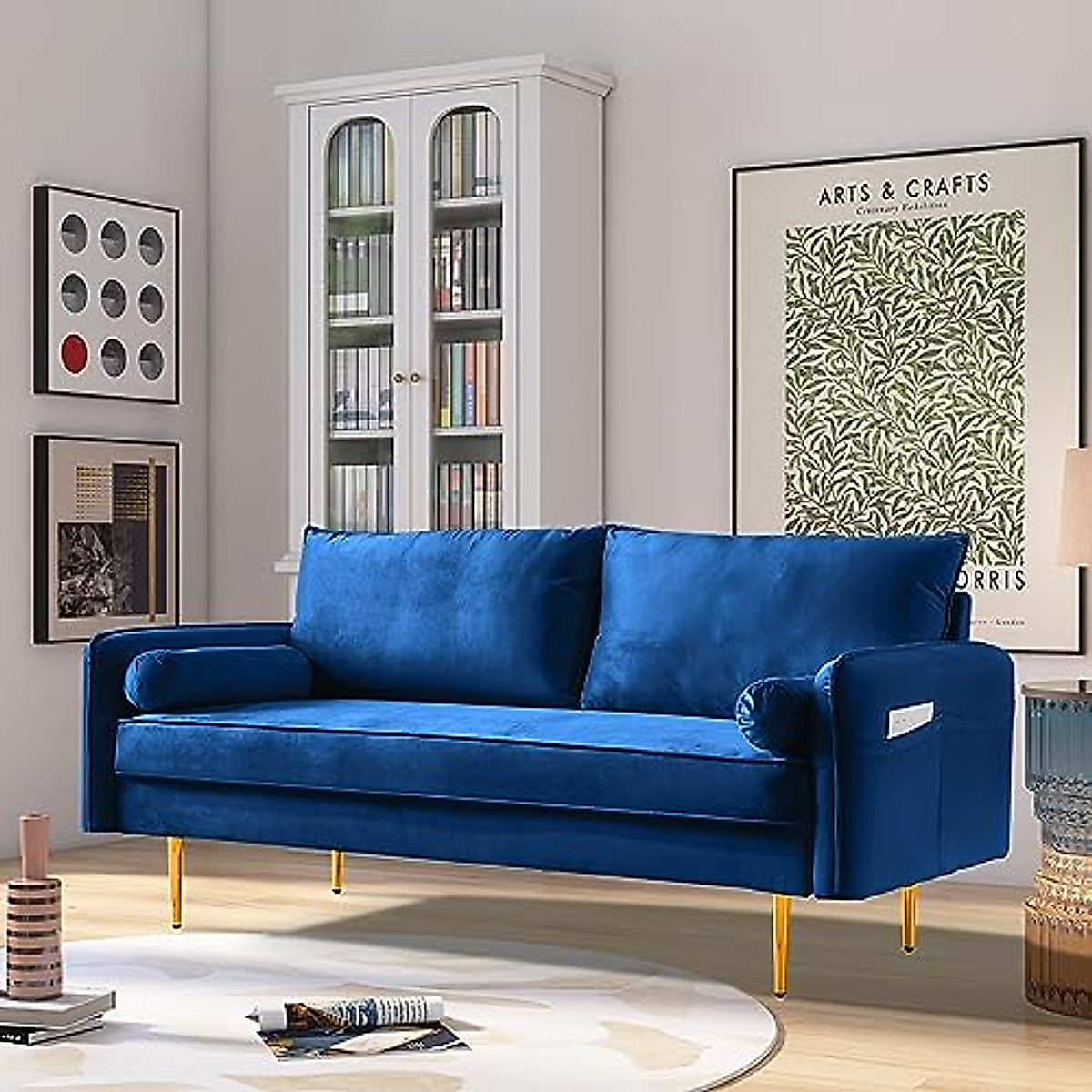 Imbesty 3-Seater Sofa for Small Space，71” Velvet Loveseat Sofa, Mid Century Futon Couch with Golden Metal Legs and Armrest Pocket, Small Couches for Living Room, Bedroom, Apartment (Blue)