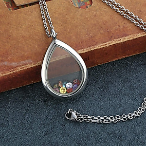 Jovivi Teardrop Floating Charms Memory Locket Necklace - 316 Surgical Stainless Steel Buckle Closure