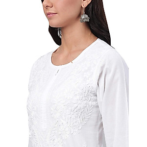 Ada Hand Embroidered Indian Chikankari Cotton Kurta Kurti Tunic for Women A149984 (White, Small)