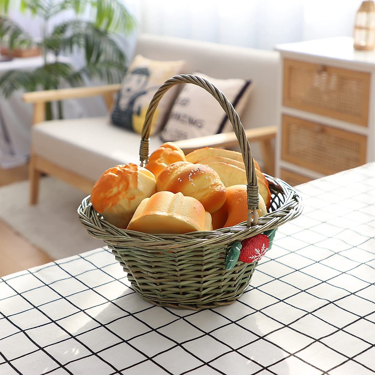 YAHUAN Woven Wicker Basket with Folding Handles, Small Wicker Baskets for Storage, Wedding, Party, Decoration, Picnics, Easter, Organizing, Christmas Day (Red)