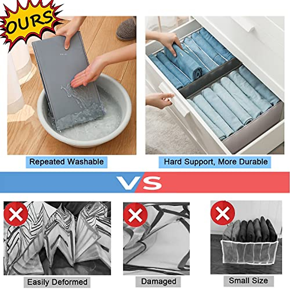 Wardrobe Closet Organizer Jeans Storage - 2pcs Large 7 Grids Foldable Clothes Drawer Organizition Washable Durable Oxford Fabric Divider with Handle for Leggings Sweaters Laundry Cabinet Bedroom Grey