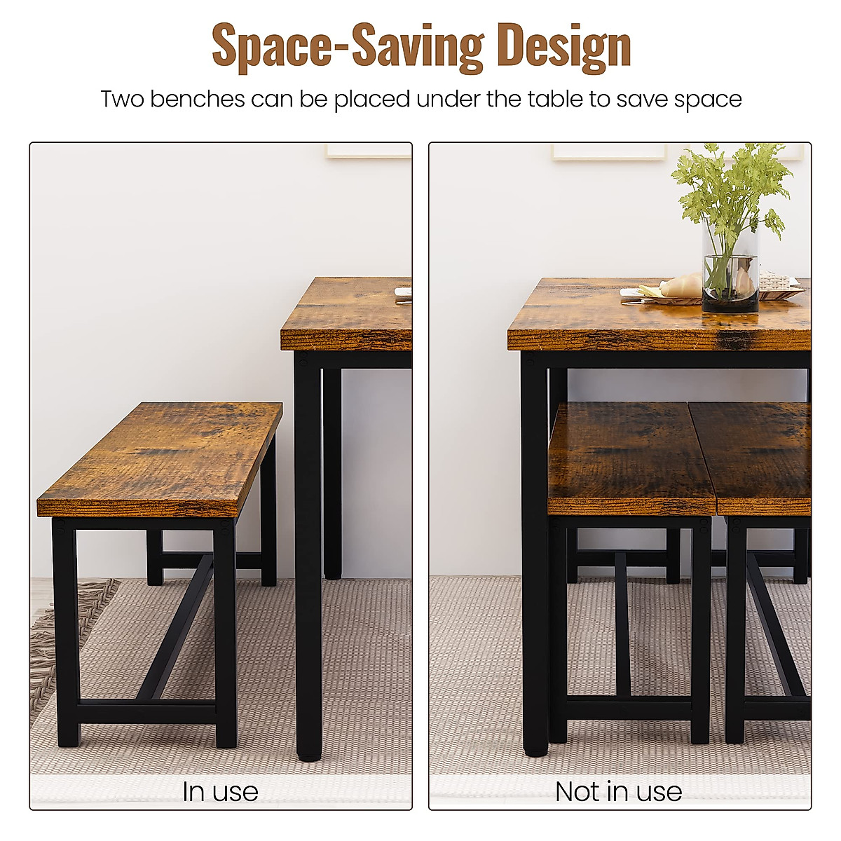 Recaceik Dining Table Set for 4 Kitchen Table Set with 2 Dining Benches, 3 Piece Farmhouse Dining Room Table Set Industrial Breakfast Nook Table Set for Small Space, Apartment, Rustic Brown