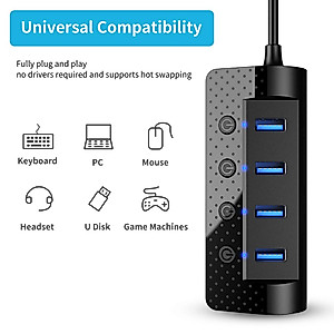 Powered USB Hub 3.0, atolla USB Hub with 4 USB 3.0 Data Ports and 1 USB Smart Charging Port, USB Splitter with Individual Power Switches and 5V/3A Power Adapter