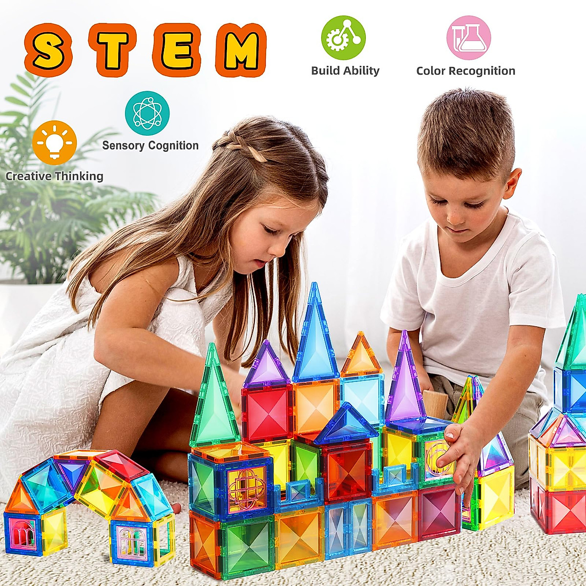 TOKBLOK 64Pcs Clear Diamond Magnetic Tiles - STEM Educational Building Blocks Toys for 3-6 Year Old Boys & Girls | Ideal for Toddler Early Development (Starter Set)
