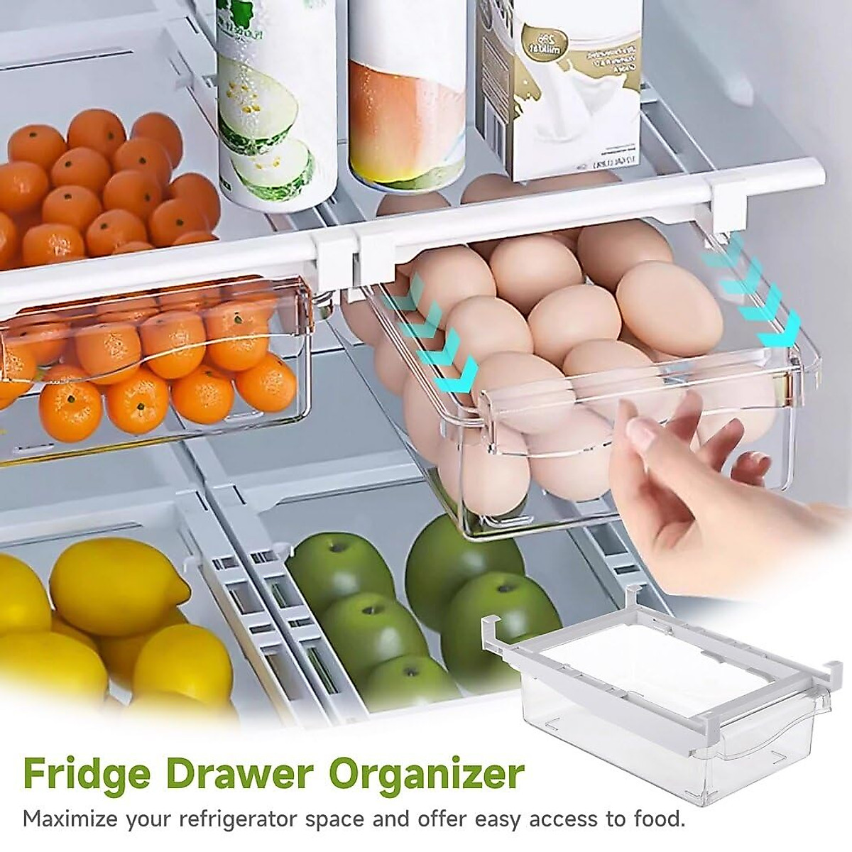 2 Pack Fridge Drawer Organizers - Adjustable Refrigerator Drawers for Fruit, Vegetable, Seafood, Transparent Pull-Out Shelf Holders, Fridge Storage Containers Fit Fridge Shelves Under 0.6''