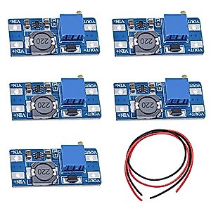 DAOKI 5 Pcs DC-DC Boost Converter MT3608 2V-24V to 5V-28V 2A Adjustable Voltage Regulator Step Up Power Supply Module for Arduino with 24AWG Wire