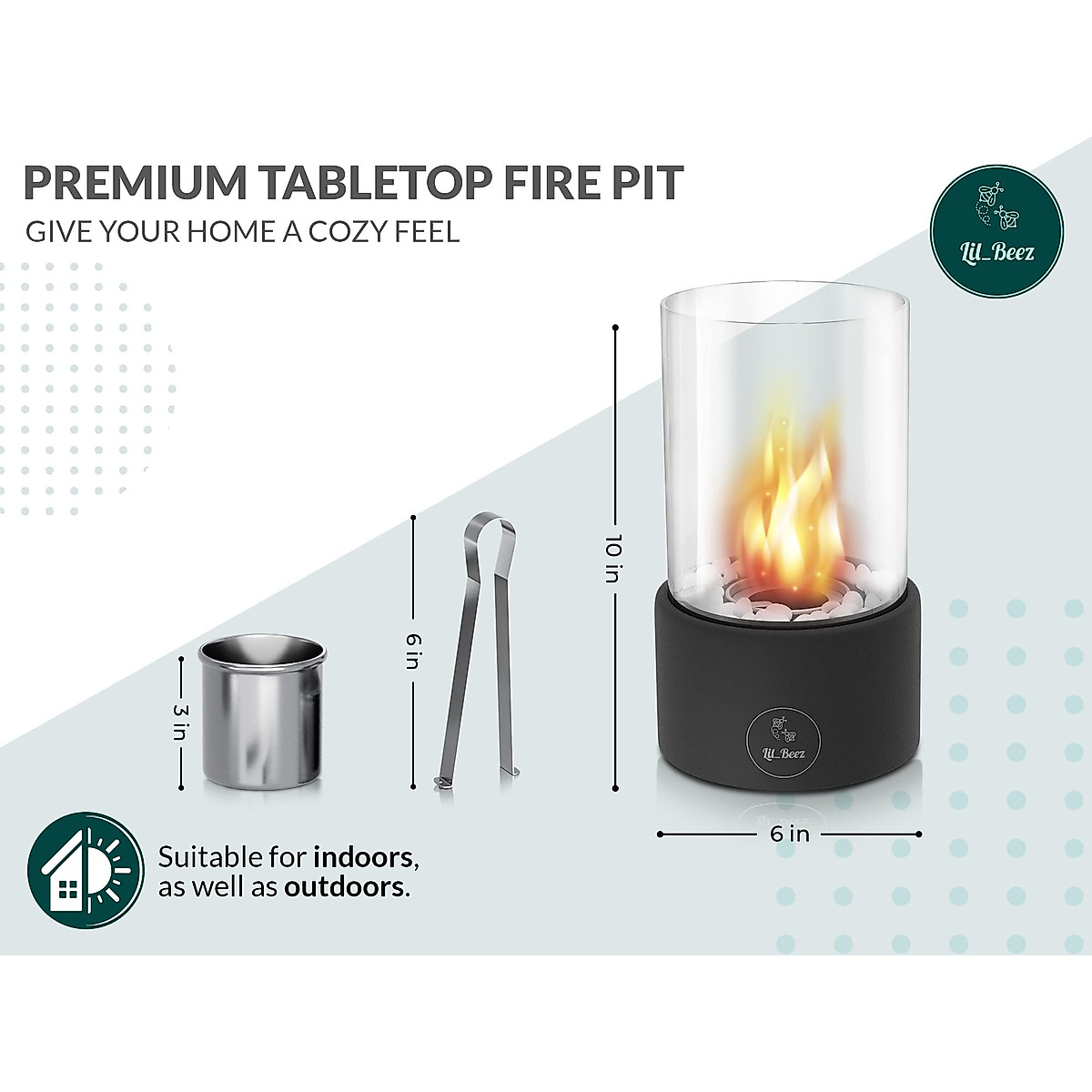 LIL_BEEZ Tabletop Fire Pit - Stainless Steel Portable Fire Pit - Crack-Resistant Small Indoor Table Firepit - Mini Fireplace with Borosilicate Glass