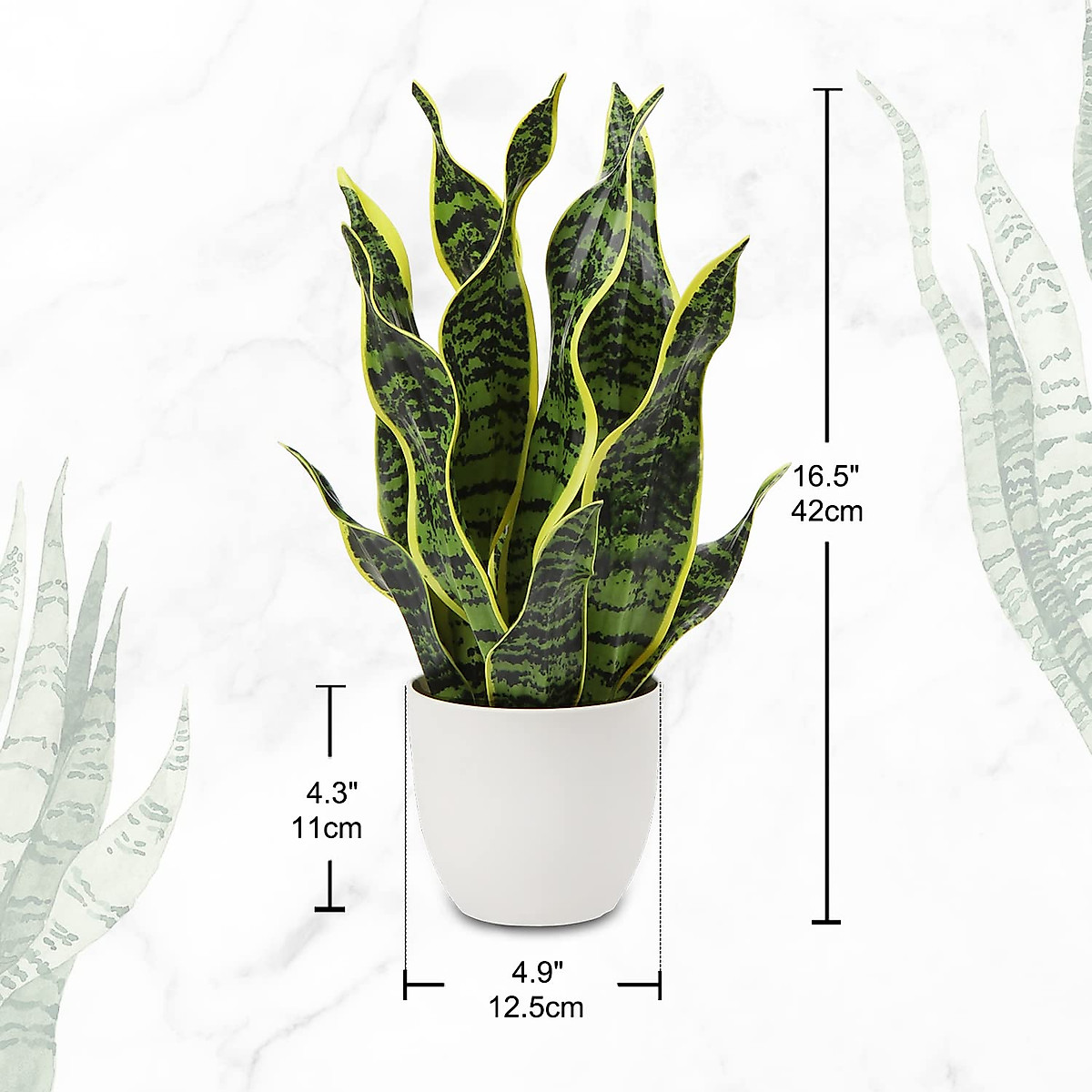 Hollyone Artificial Snake Plant Potted Faux Sansevieria Trifasciata Plants, 16.5" Tropical Fake Plants in White Pots for Home Office Room Indoor Decor Housewarming Gifts