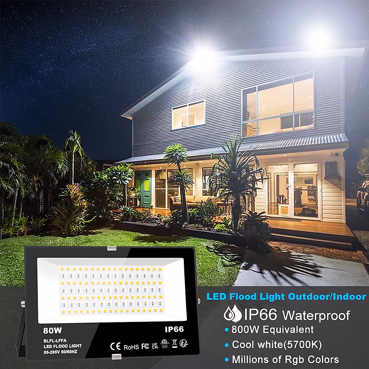 LED Flood Light Outdoor 800W Equivalent 8000LM RGB Landscape Light Controlled by BRmesh APP , No Remote, DIY Scenes - Timing - 5700K Daylight White - Color Changing Uplight, IP66 US Plug MELPO(4 Pack)